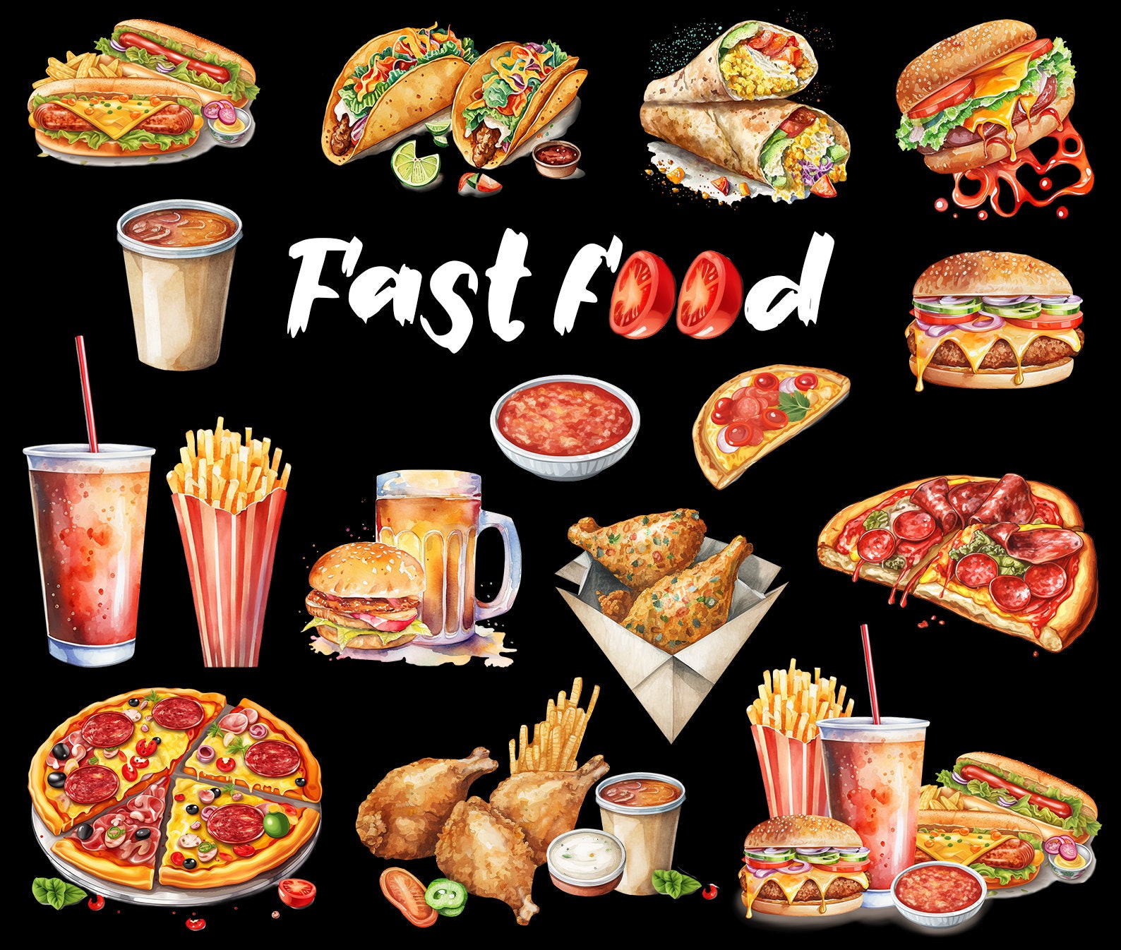 Fast Food Clipart Watercolor Clipart Food Illustration Png - Etsy
