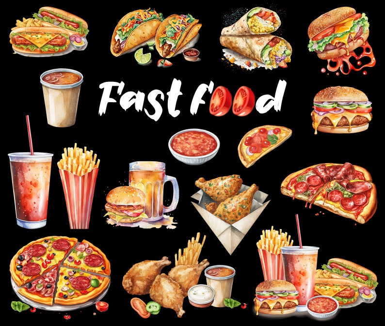 Fast Food Clipart Watercolor Clipart Food Illustration Png - Etsy