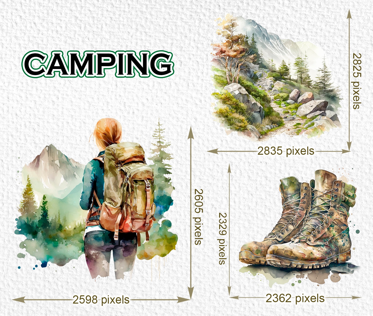 Watercolor Camping Clipart: Hiking, Tent, Landscape (PNG Digital ...