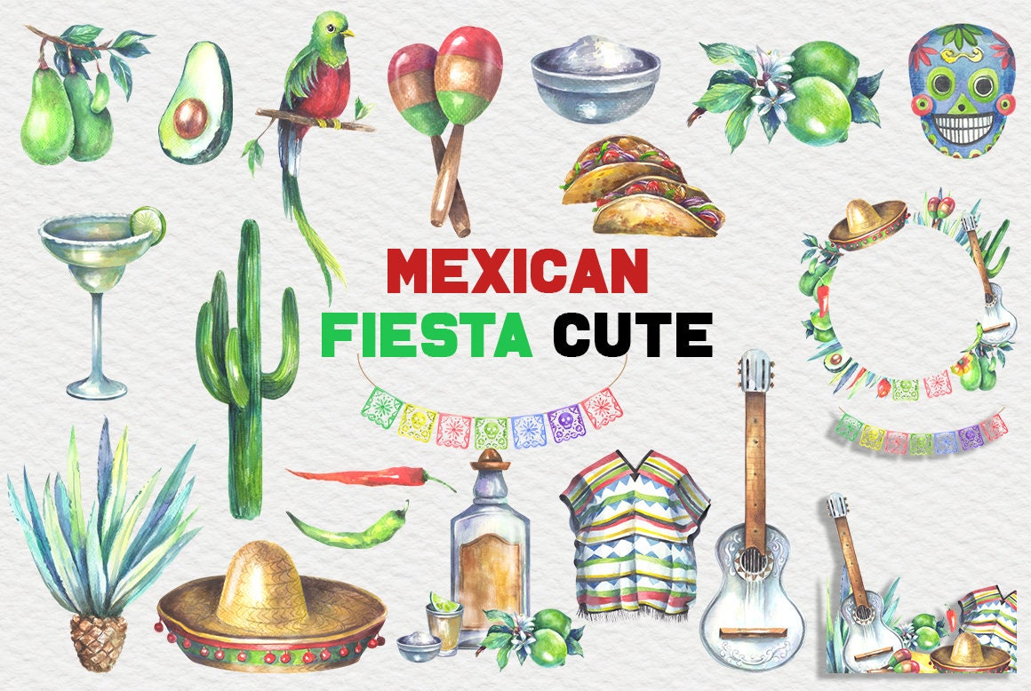 Mexican Fiesta Cute Digital Watercolor Clipart Png Hand - Etsy