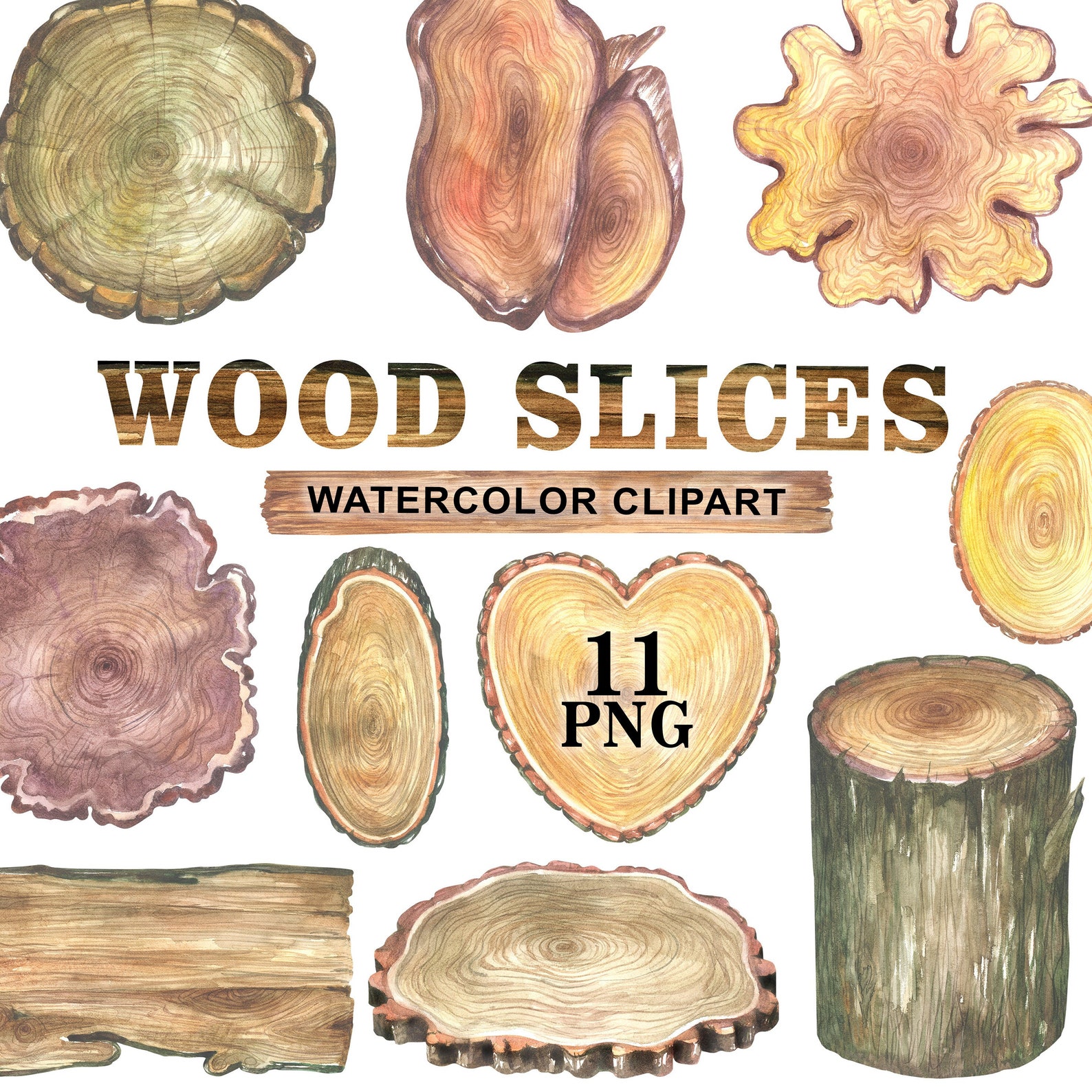 Wood Slices Watercolor Clipart, Wooden Frames, Forest Decor, Rustic ...