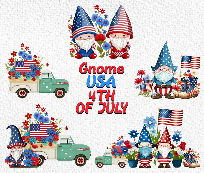 Cute Patriotic Gnomes Clipart, 4th July, American Flag Red White Blue ...
