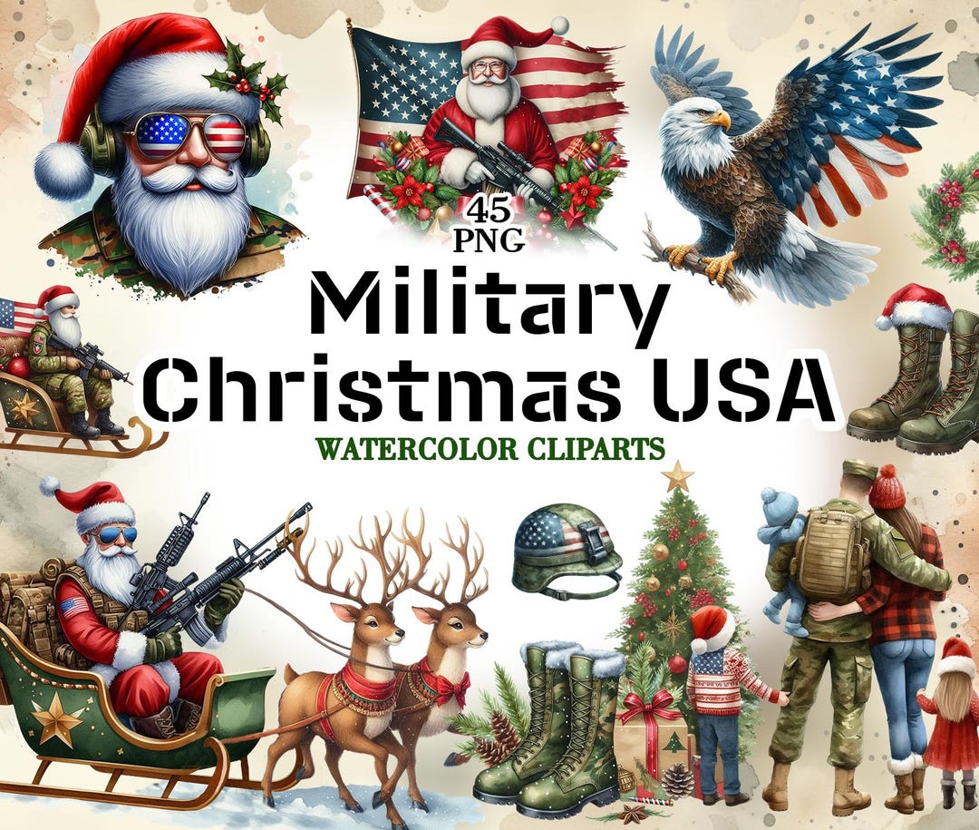 Watercolor Military Christmas Clipart: USA Patriotic PNG (digital ...