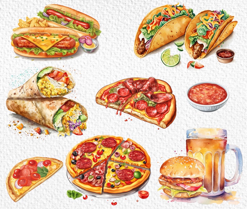 Fast Food Clipart Watercolor Clipart Food Illustration Png - Etsy