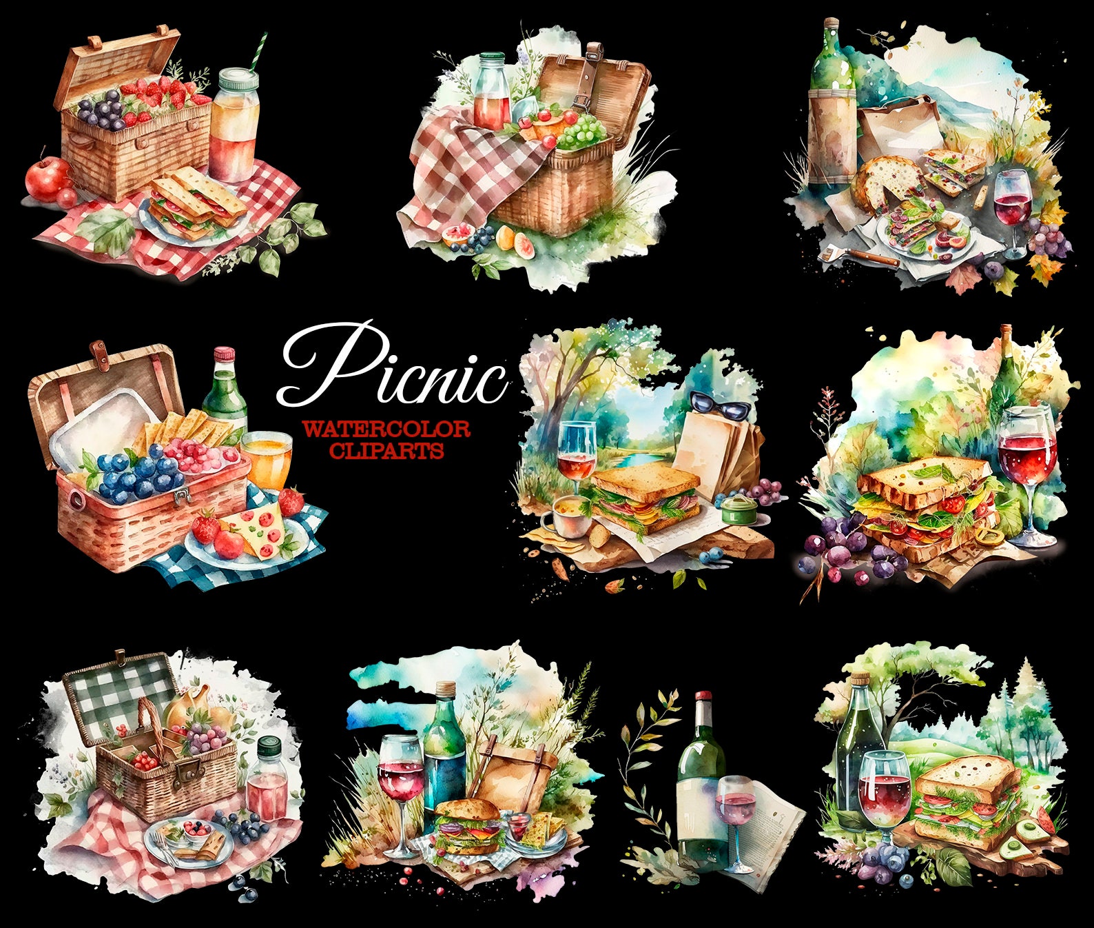 Watercolor Picnic Clipart: Rustic Food & Basket PNG (digital Download ...
