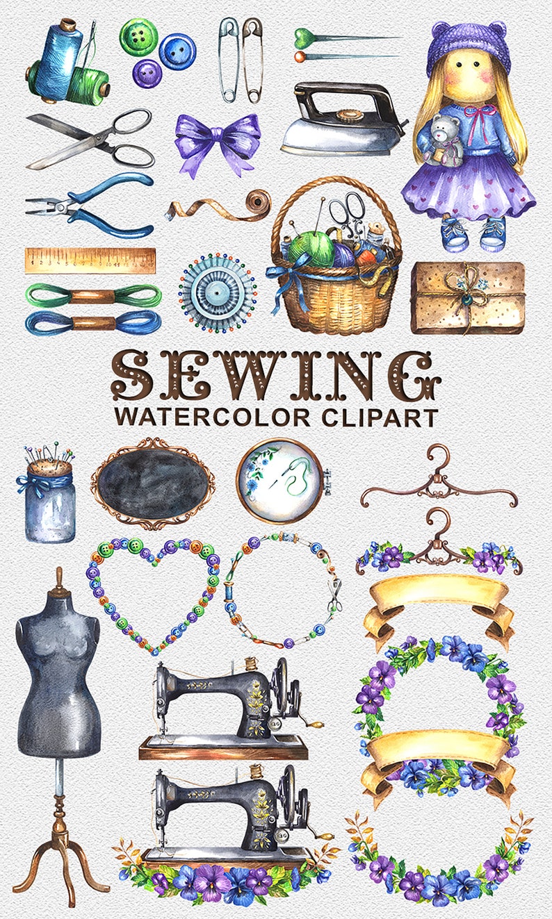 Sewing Clipart, Watercolor Clipart, Sewing Machine, Button Png, Doll ...