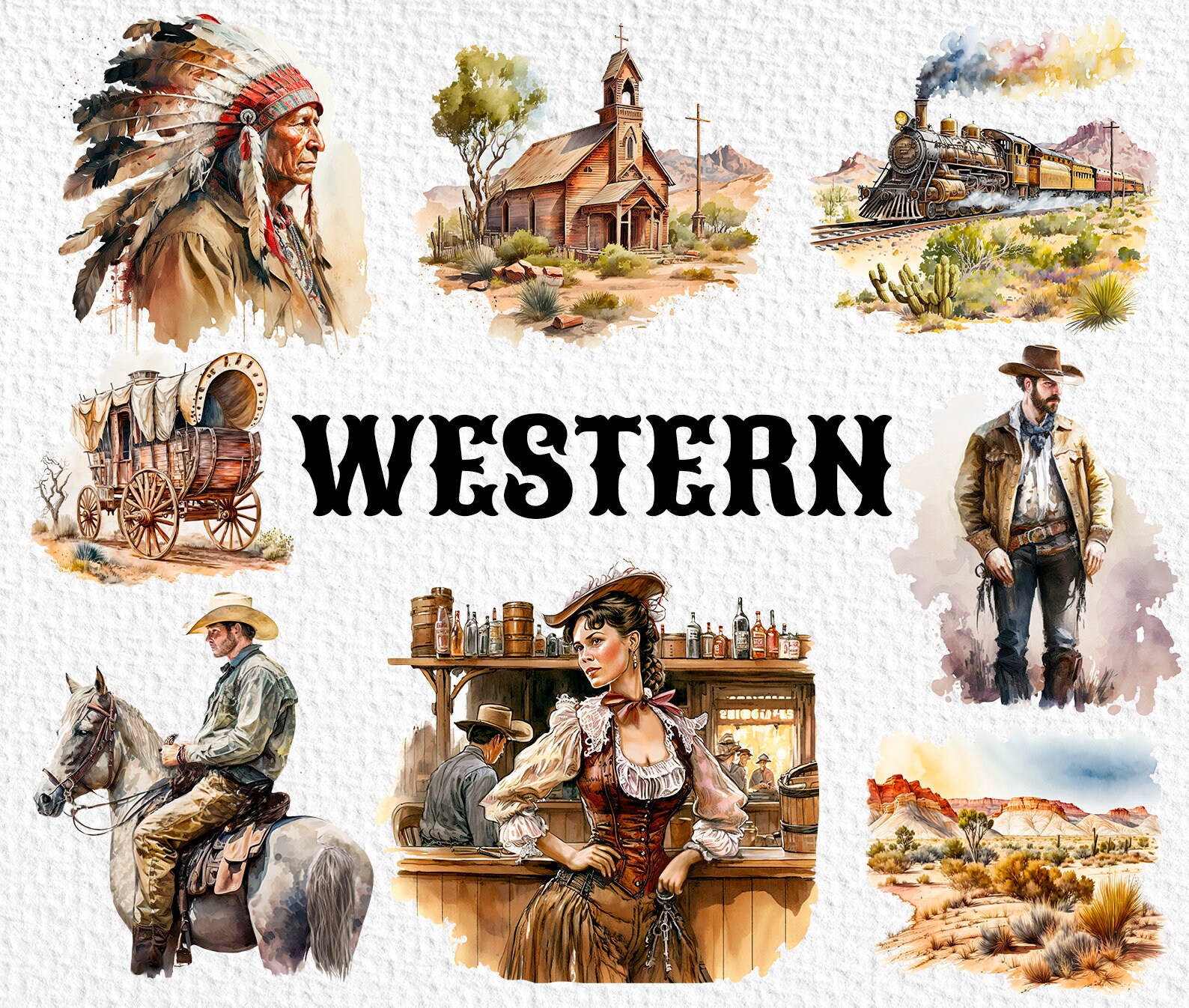Watercolor Western Clipart, Cowboy Clipart, Wild West Clipart, Country ...