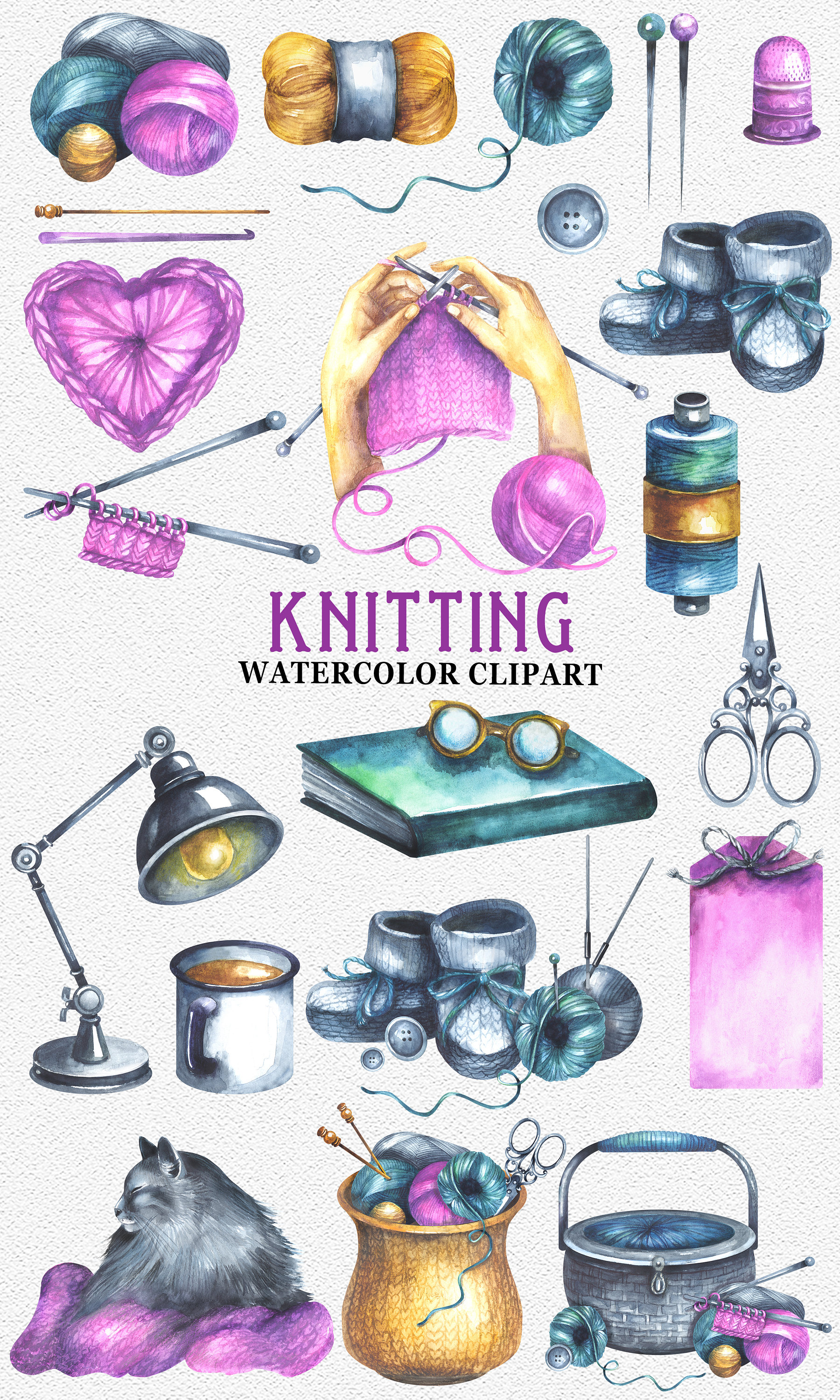 Knitting Watercolor Clipart, Crochet Clipart, Knitting Needles ...