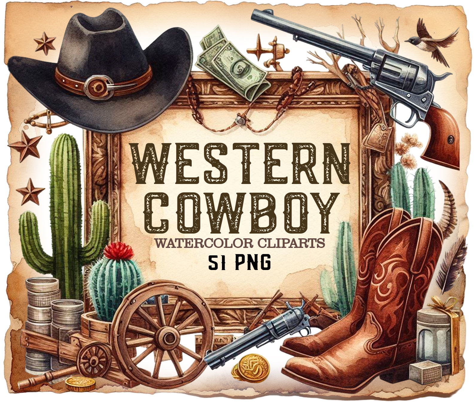 Watercolor Western Clipart Png, Cowboy Clipart, Wild West Clipart ...