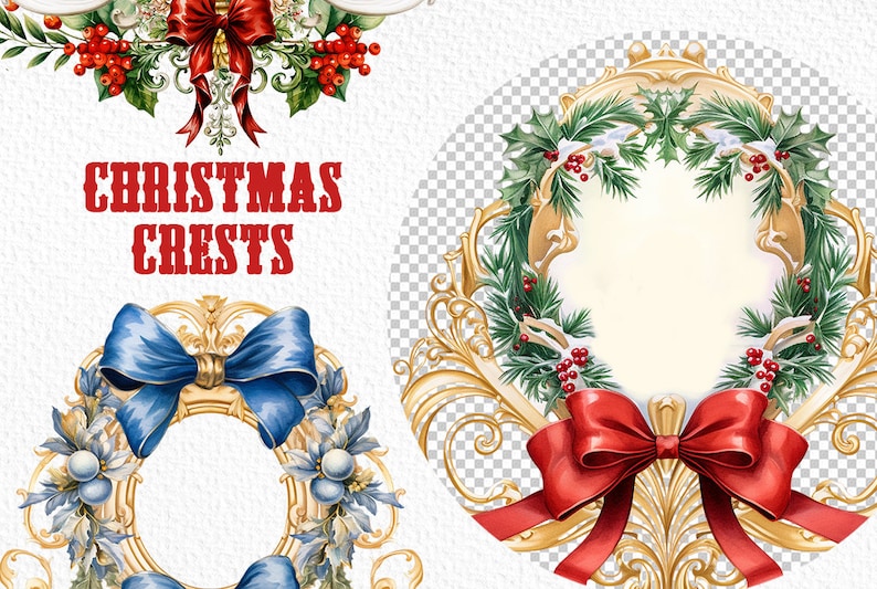 Watercolor Christmas Crest Clipart: Holiday Frame Illustrations (PNG ...