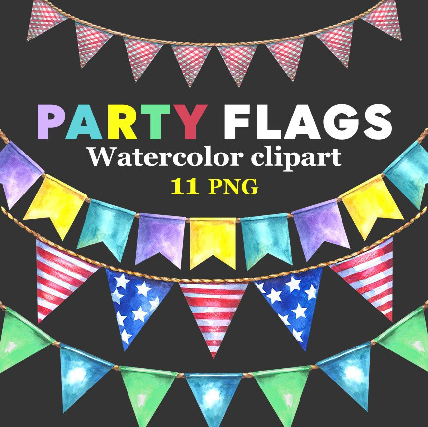 Party Flags Watercolor Clipart, Bunting Clipart, Watercolor Banners ...