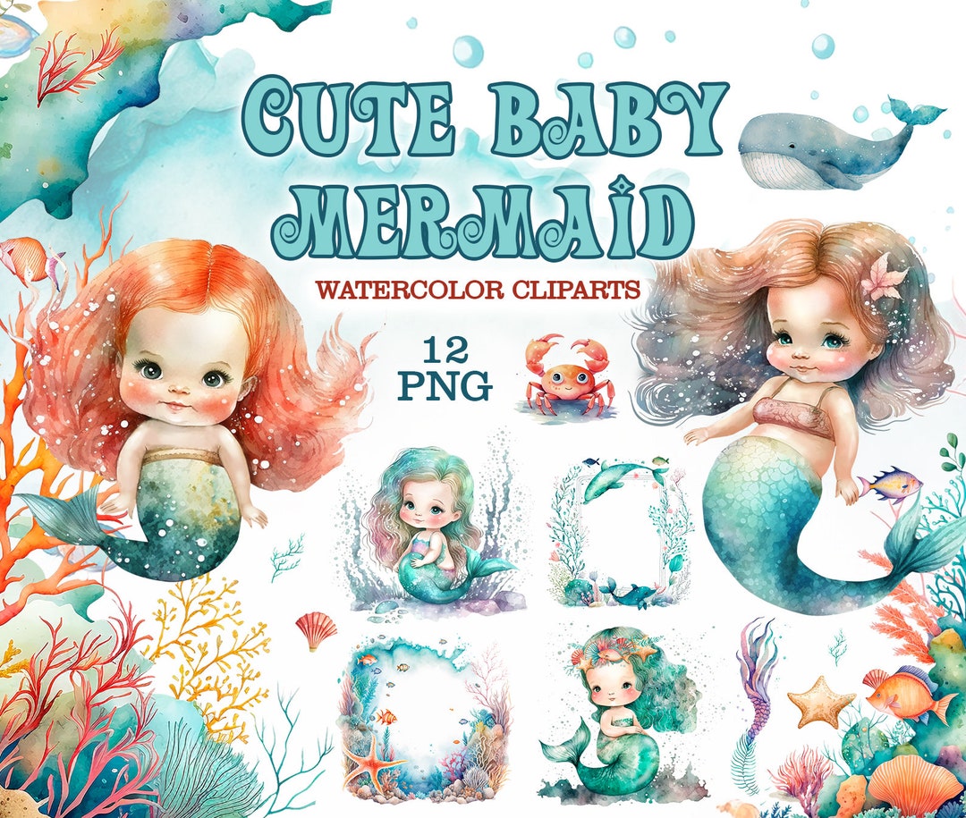 Watercolor Cute Baby Mermaid Illustration, Clipart Png, Little Mermaid ...