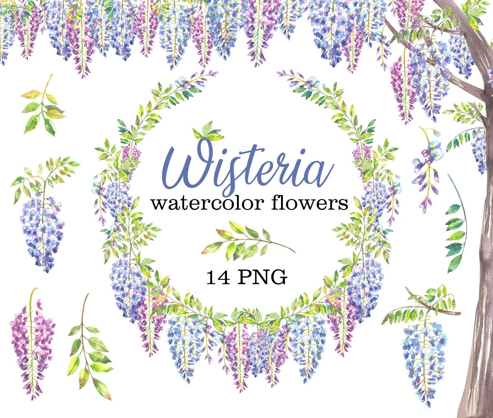 Wisteria Watercolor Flowers Clipart, Wisteria Png, Wedding Floral ...