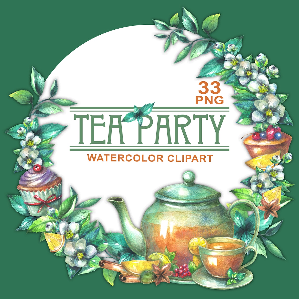 Tea Party Watercolor Clipart, Tea Party Invitation, Birthday Clipart ...