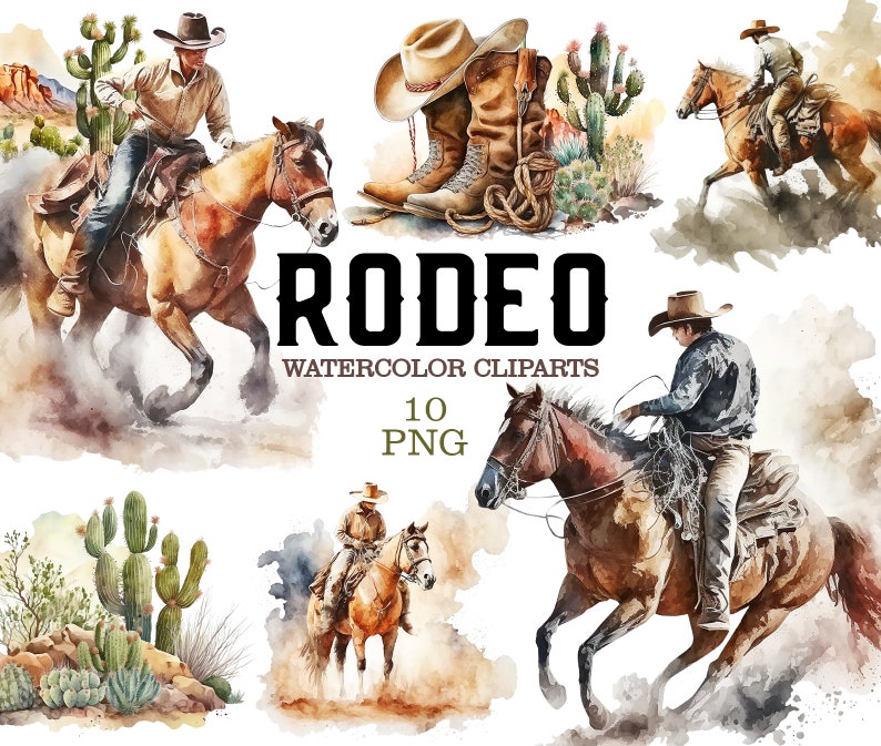 Watercolor Rodeo Clipart: Western Cowboy, Horse, Cactus (PNG Digital ...