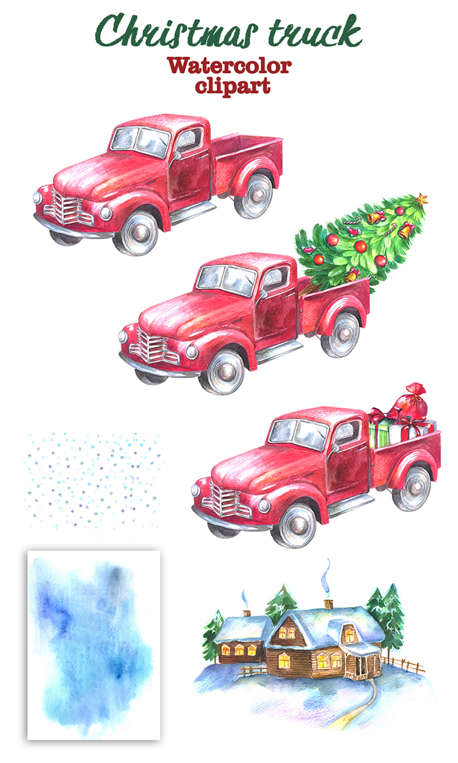 Watercolor Christmas Truck, Christmas Truck Clipart, Christmas Truck ...