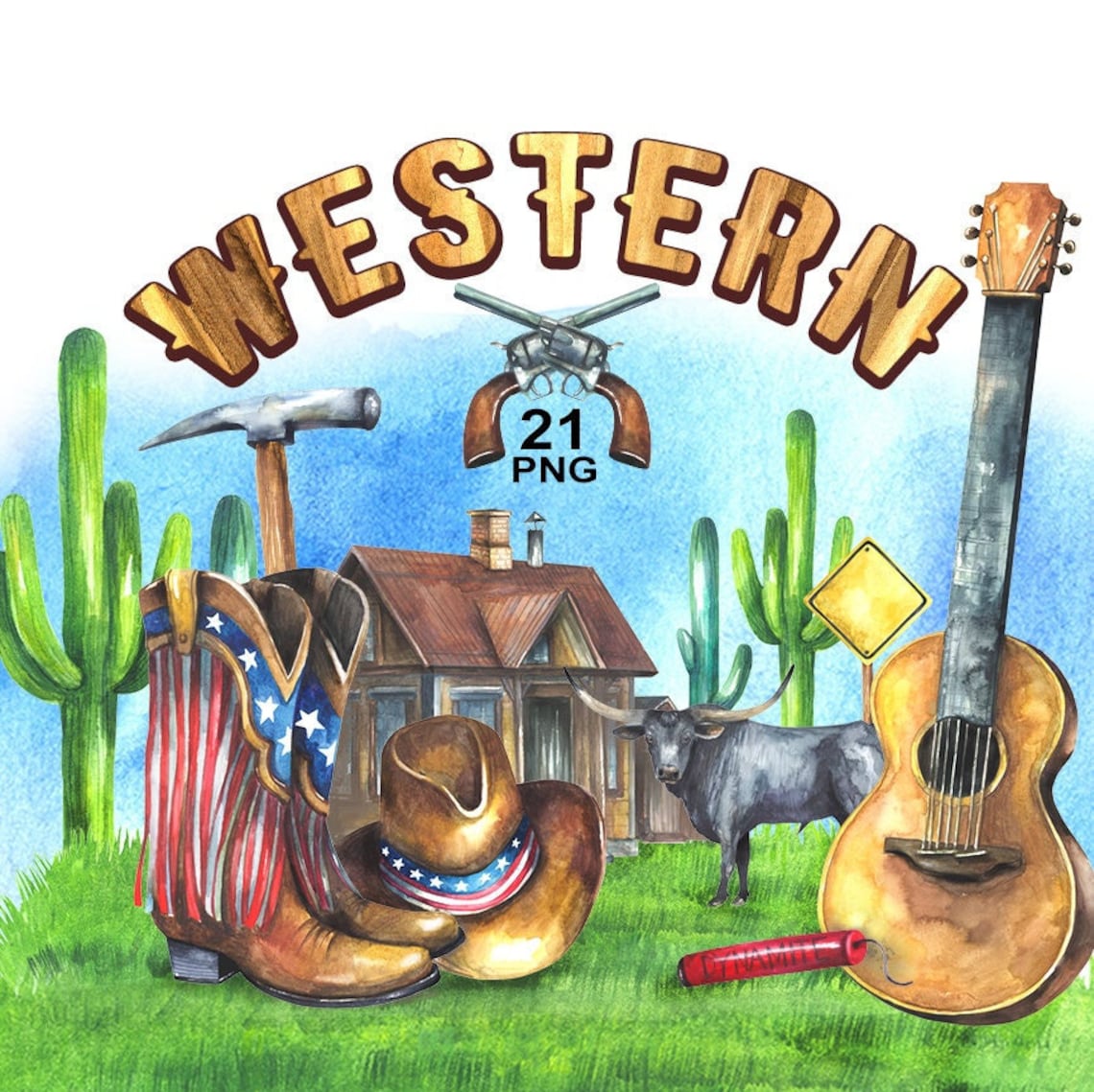 Watercolor Western Clipart: Cowboy, Cactus, Guitar (PNG Digital ...