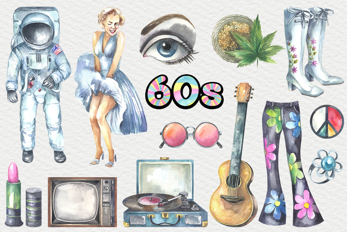 60s Clipart Png Watercolor, Hand Painted Clipart, 1960 Party, 60s Invitation, 60s Nostalgia, 60s ...
