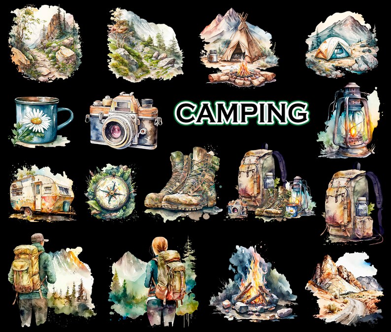 Watercolor Camping Clipart: Hiking, Tent, Landscape (PNG Digital ...