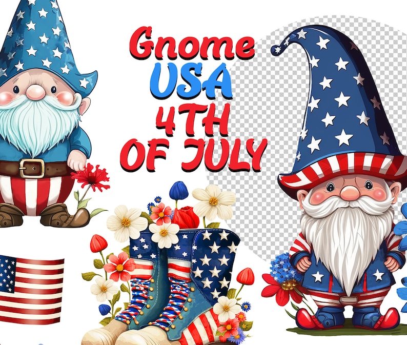 Cute Patriotic Gnomes Clipart, 4th July, American Flag Red White Blue ...