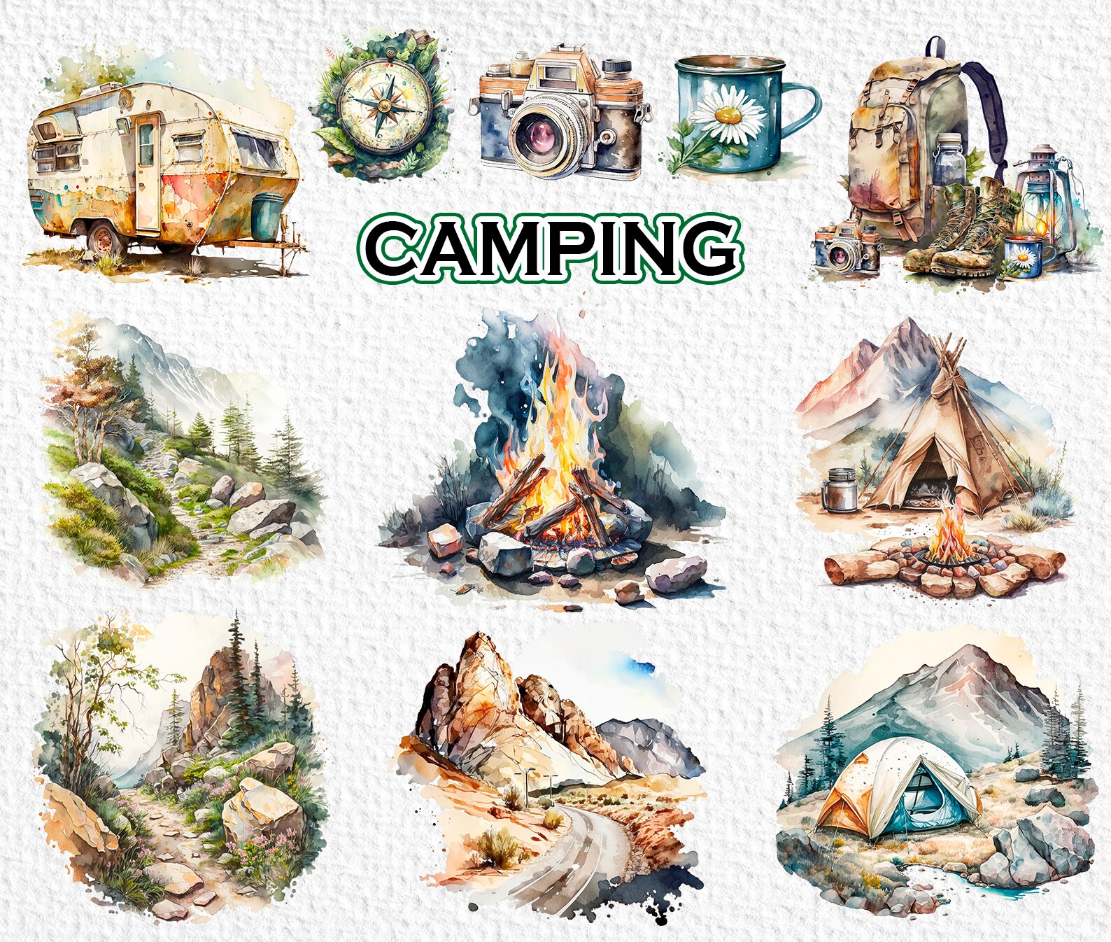 Camping Watercolor Clipart, PNG, Camping Theme, Hiking, Tent Clipart ...
