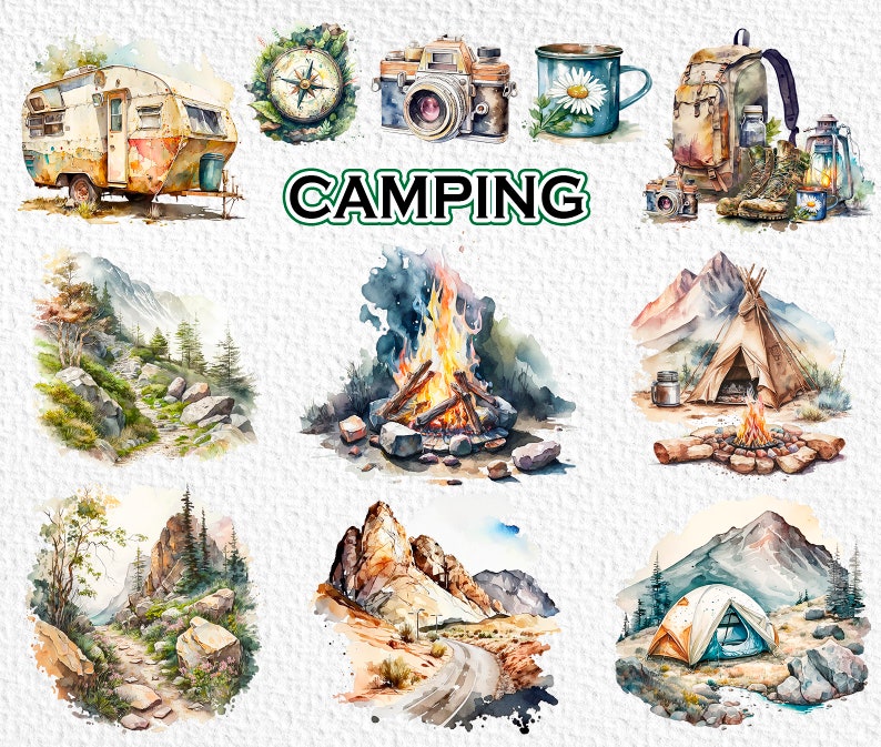 Watercolor Camping Clipart: Hiking, Tent, Landscape (PNG Digital ...