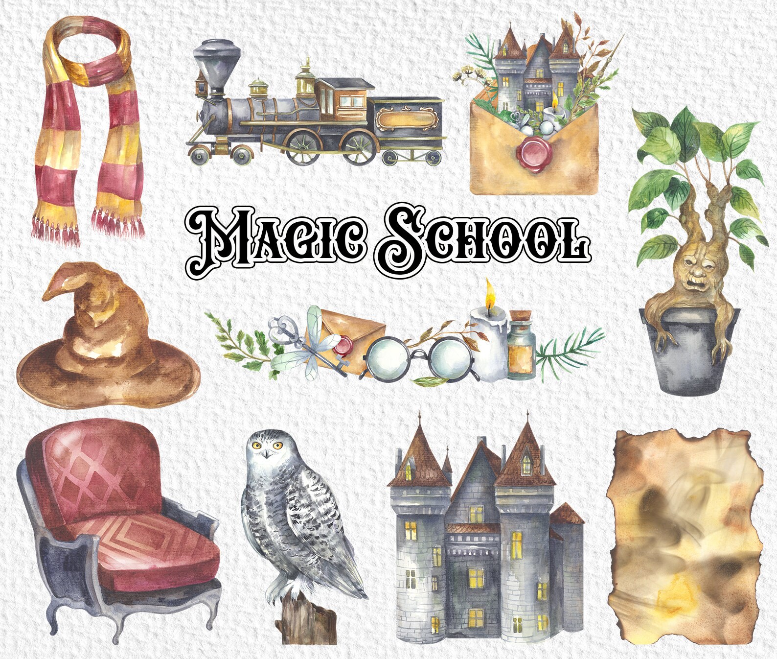 Magic School Watercolor Clipart, Magical Wizard Birthday Party ...