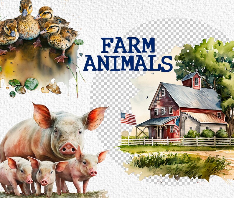 Farm Animals Watercolor Clipart Png Cow Farm Birthday Baby - Etsy