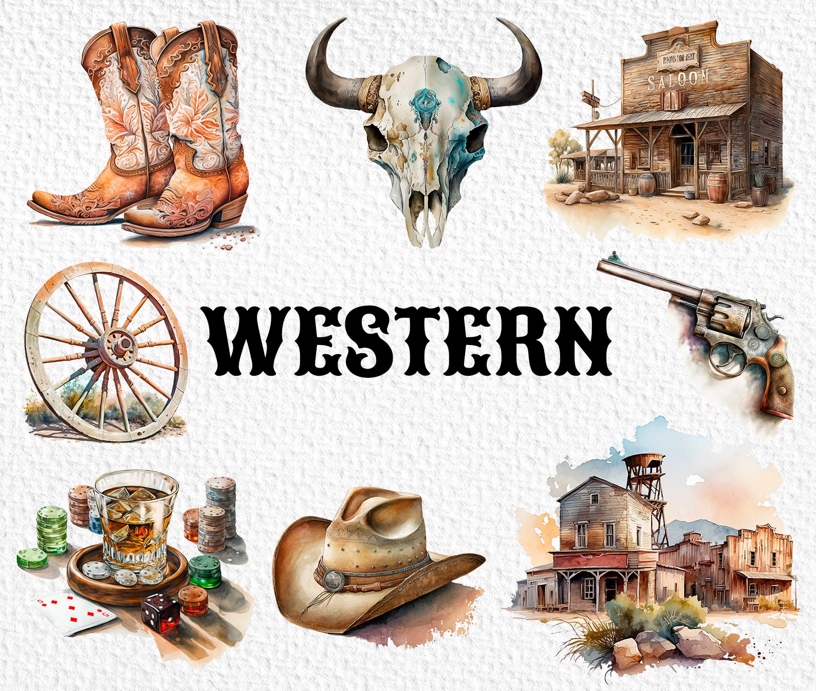 Watercolor Western Clipart: Cowboy, Skull, Cactus (PNG Digital Download ...