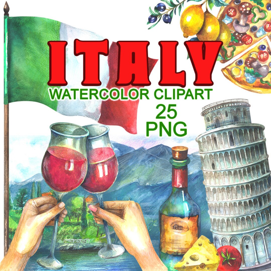 Italy Watercolor Clipart, Pizza Party, Rome, Pizza, Spaghetti, Travel ...