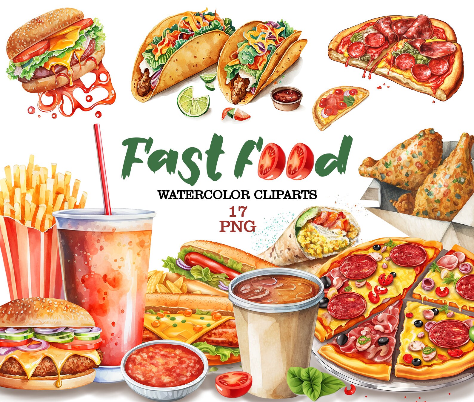 Fast Food Clipart Watercolor Clipart Food Illustration Png - Etsy