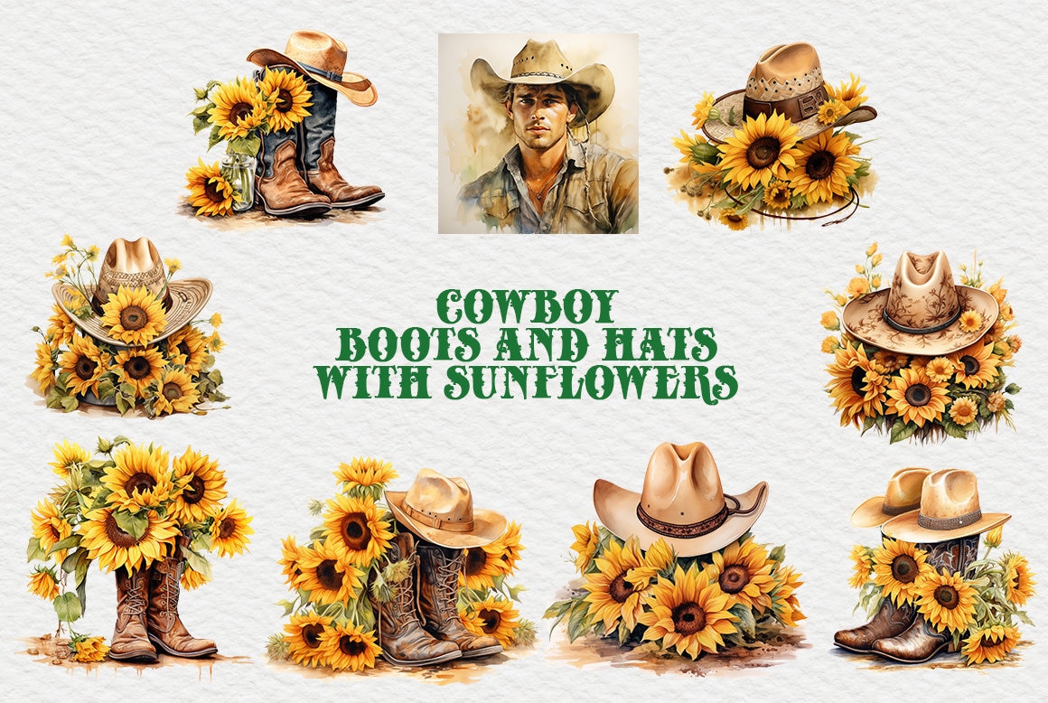 Watercolor Cowboy Boots & Hats With Sunflowers Clipart (PNG) - Etsy