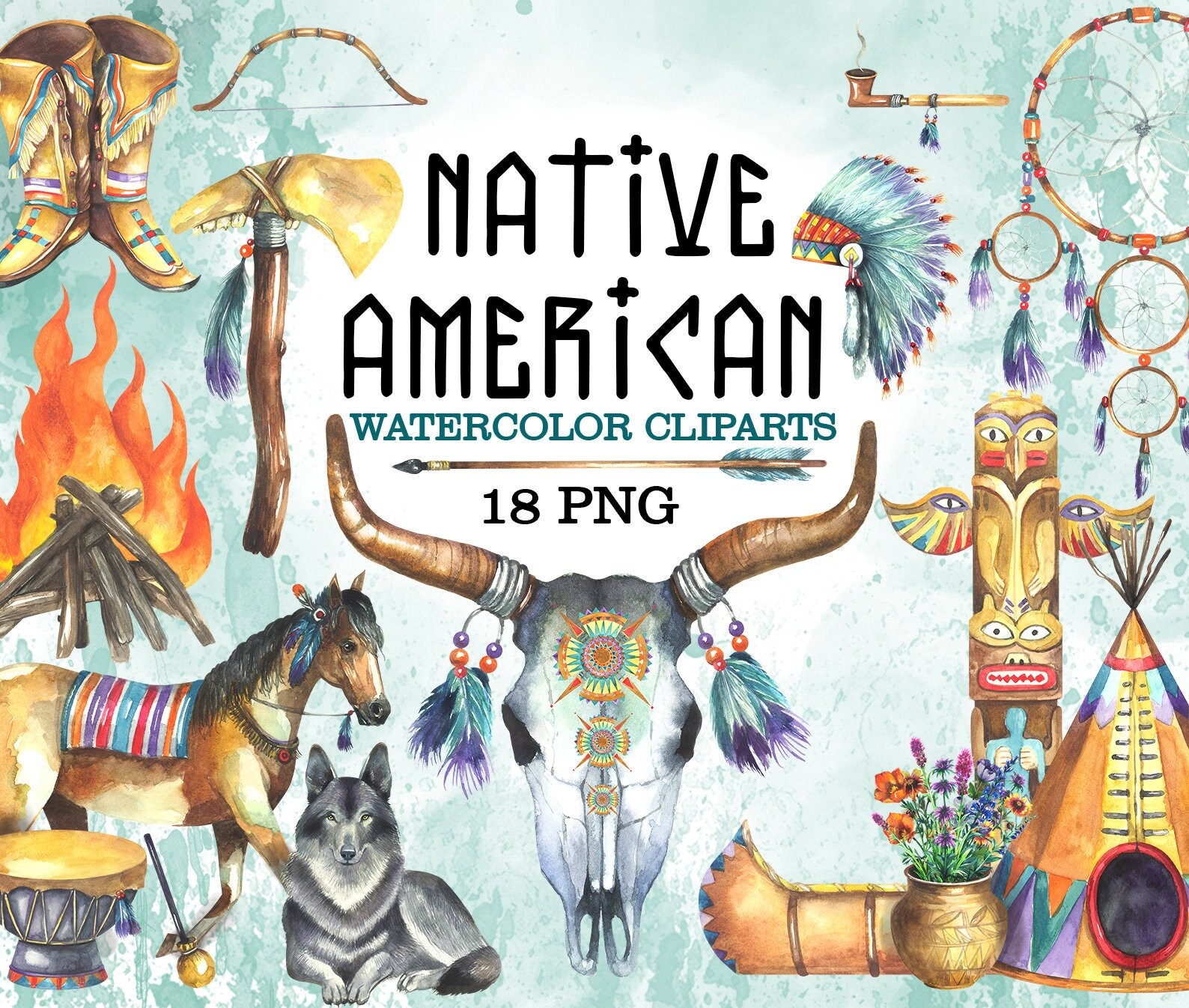 Native American Watercolor Cliparts, Bohemian Clipart, Boho Png ...