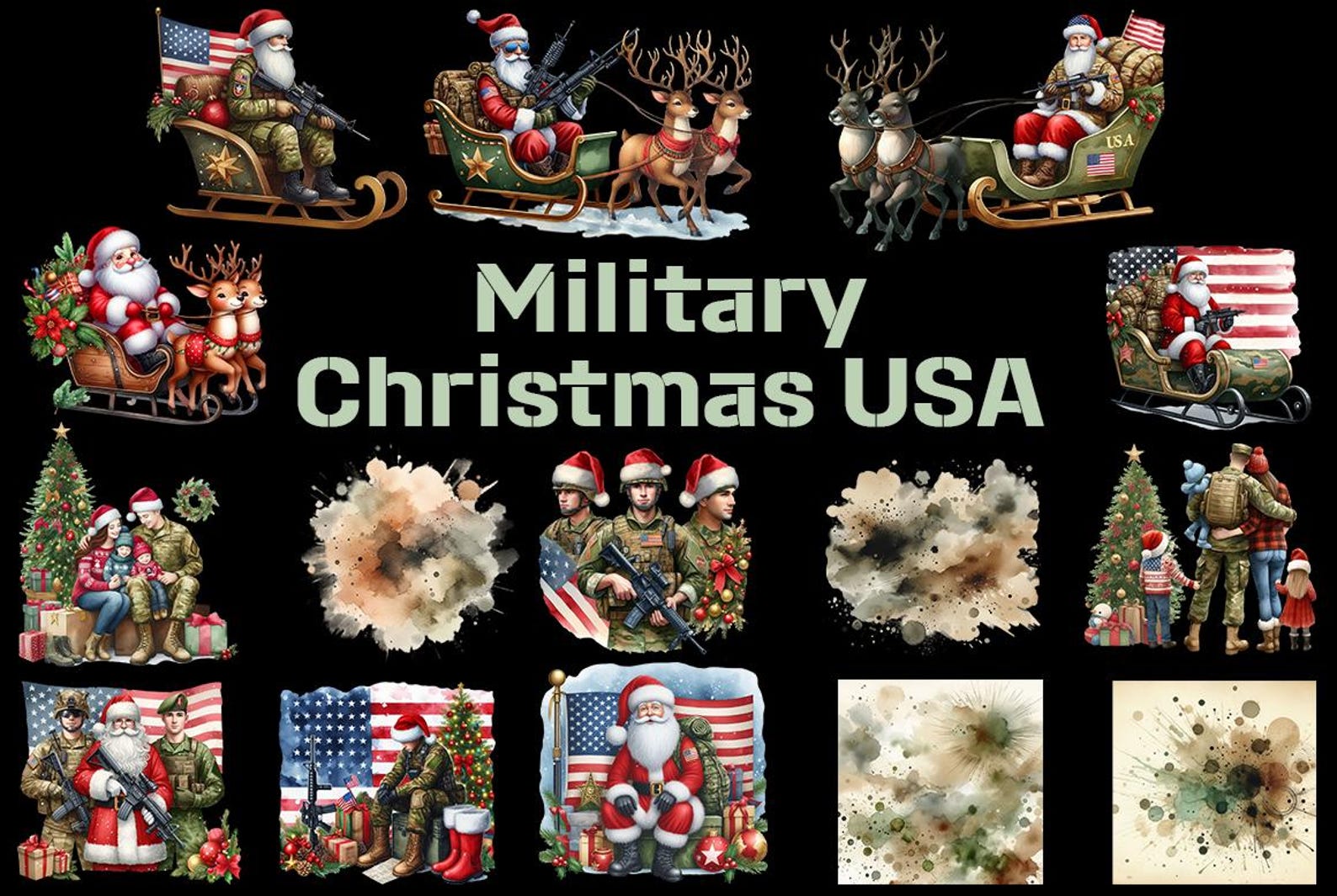 Watercolor Military Christmas Clipart: USA Patriotic PNG (digital ...