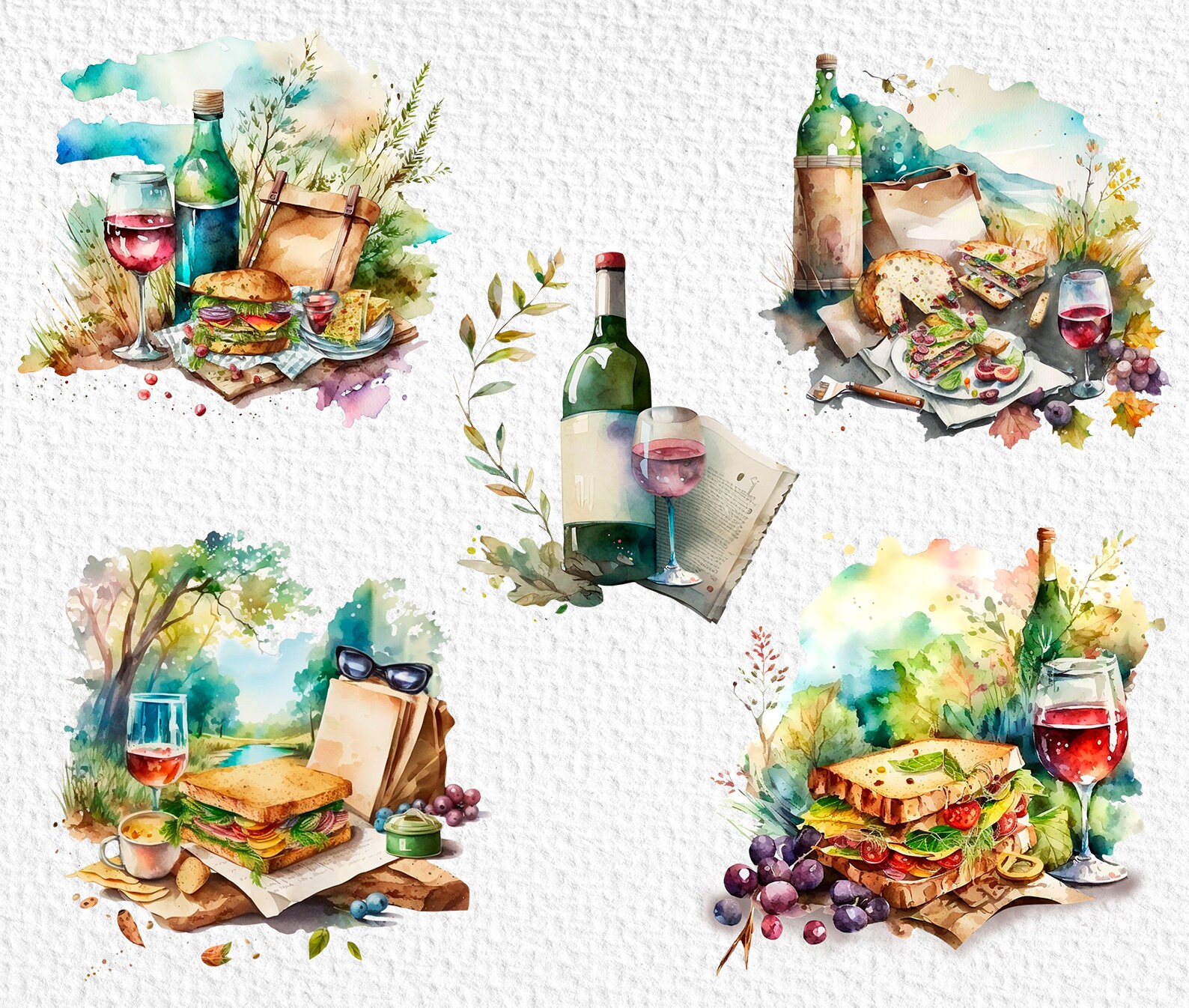 Watercolor Picnic Clipart: Rustic Food & Basket PNG (digital Download ...