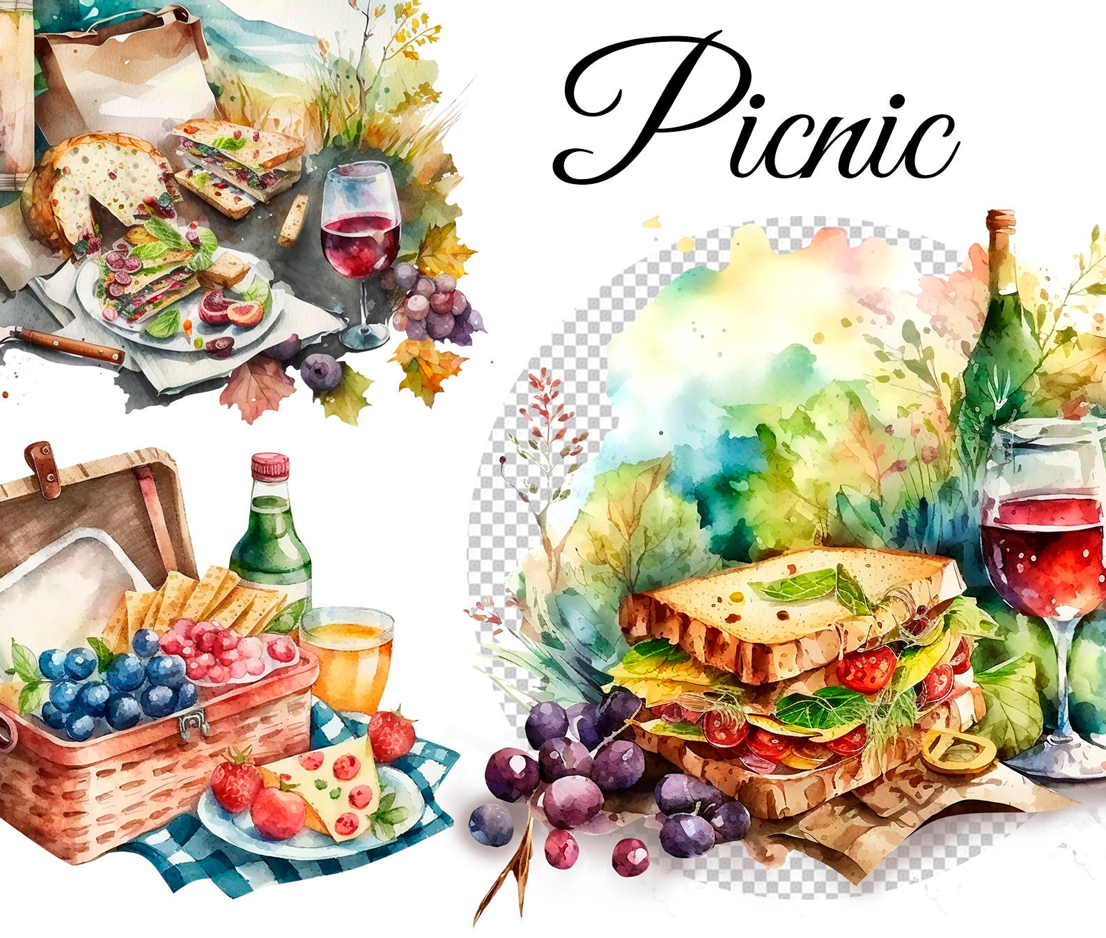 Picnic Watercolor Clipart, Picnic Basket, Food Clipart, Picnic Png ...