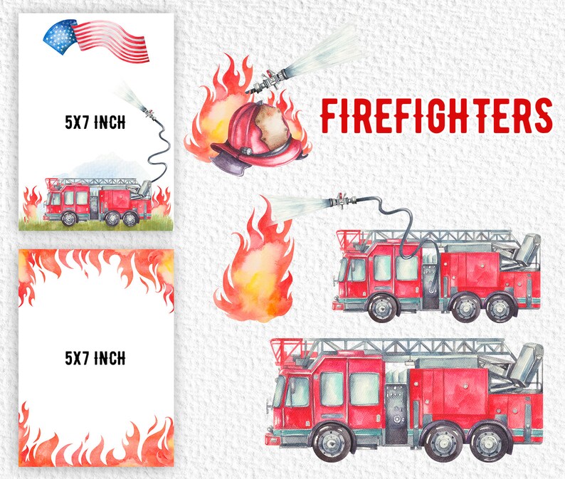 Fire Truck Clipart, Firefighters Watercolor Clipart, Red Fire Truck ...