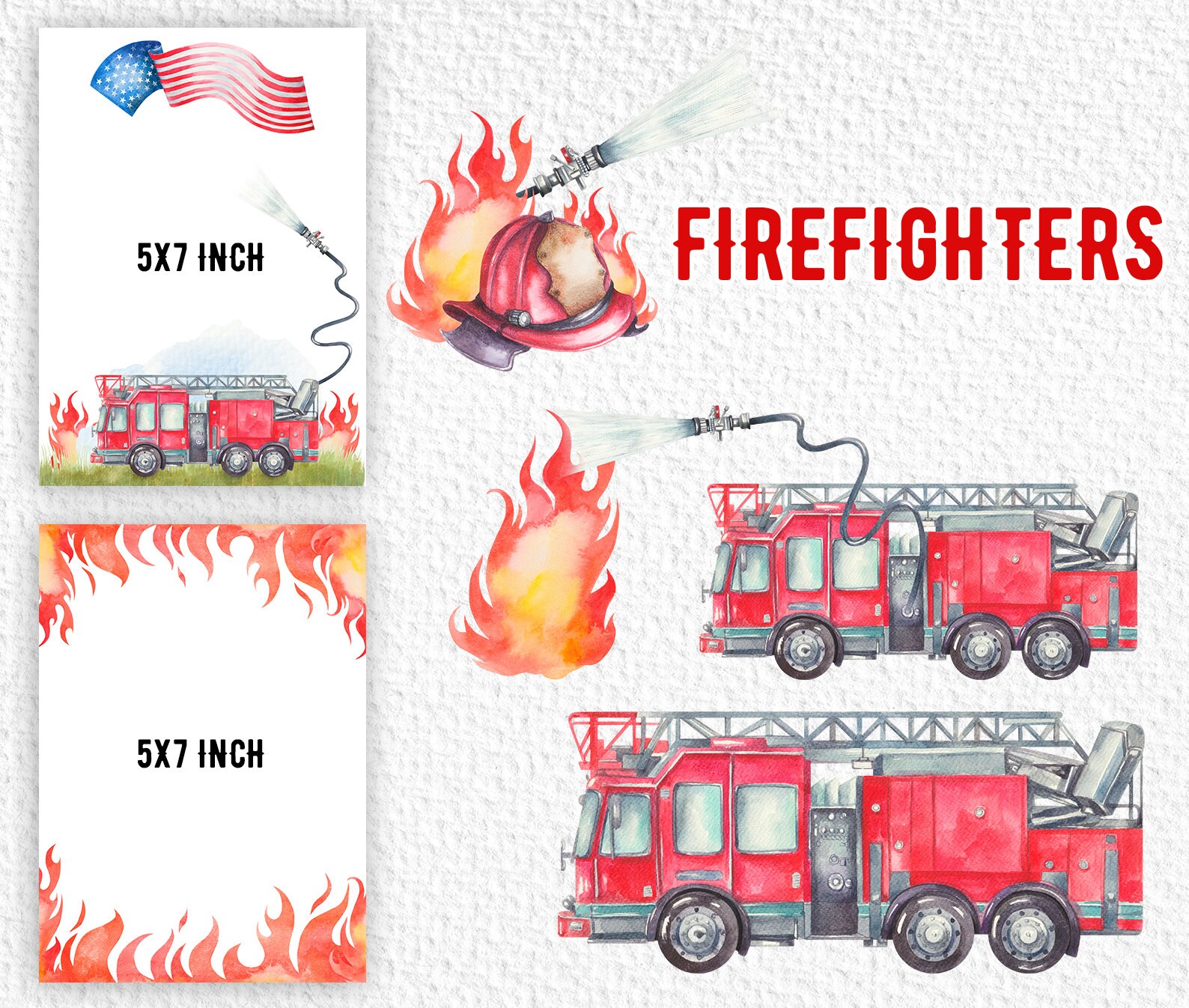 Fire Truck Clipart, Firefighters Watercolor Clipart, Red Fire Truck ...