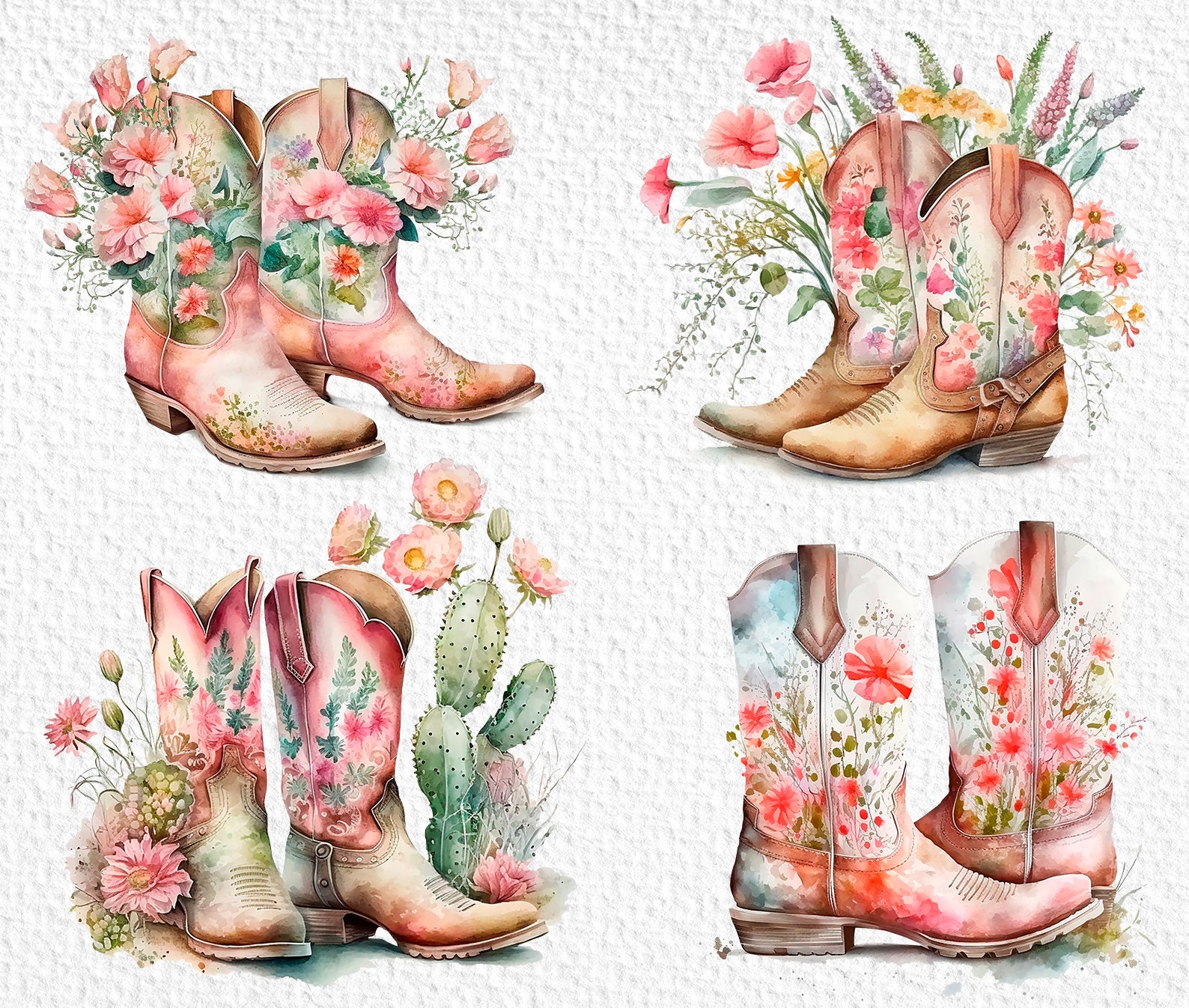 Cowgirl Boots, Wildflower Boots, Watercolor Clipart, Cowgirl Clipart ...