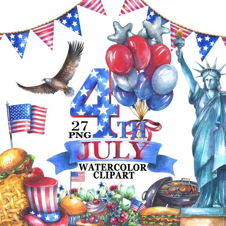 Watercolor 4th of July Clipart Independence Day Patriotic - Etsy