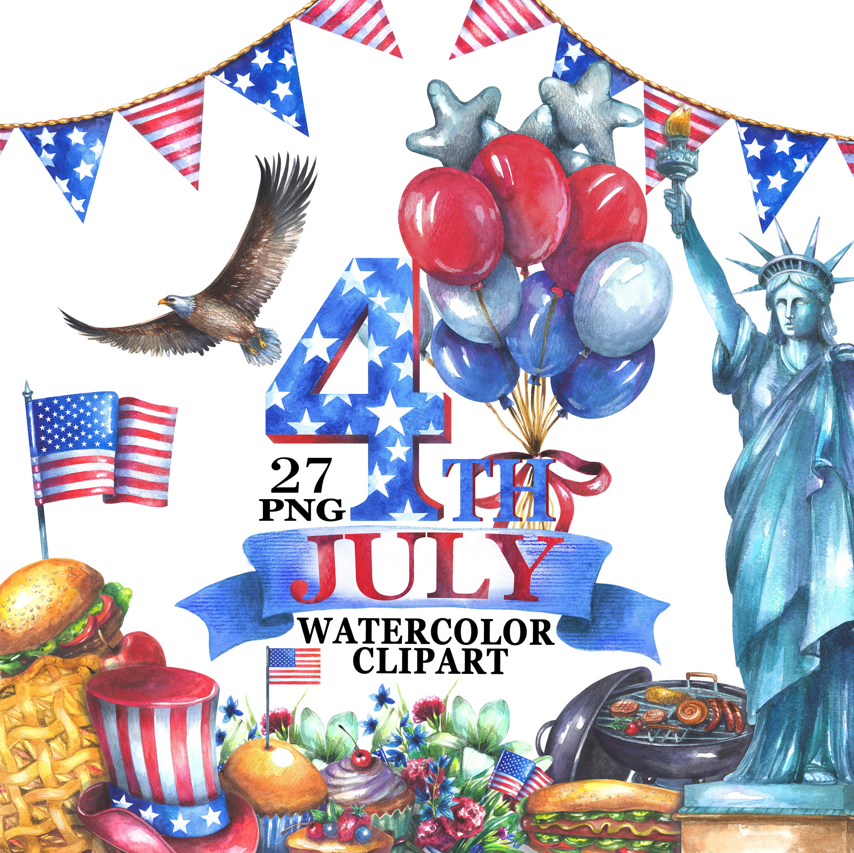 Watercolor 4th of July Clipart Independence Day Patriotic - Etsy