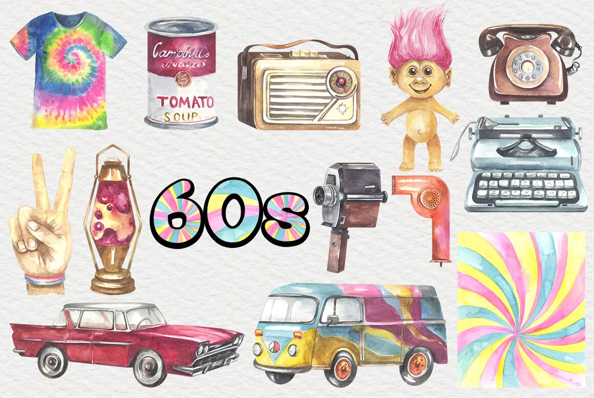 60s Clipart Png Watercolor, Hand Painted Clipart, 1960 Party, 60s Invitation, 60s Nostalgia, 60s ...