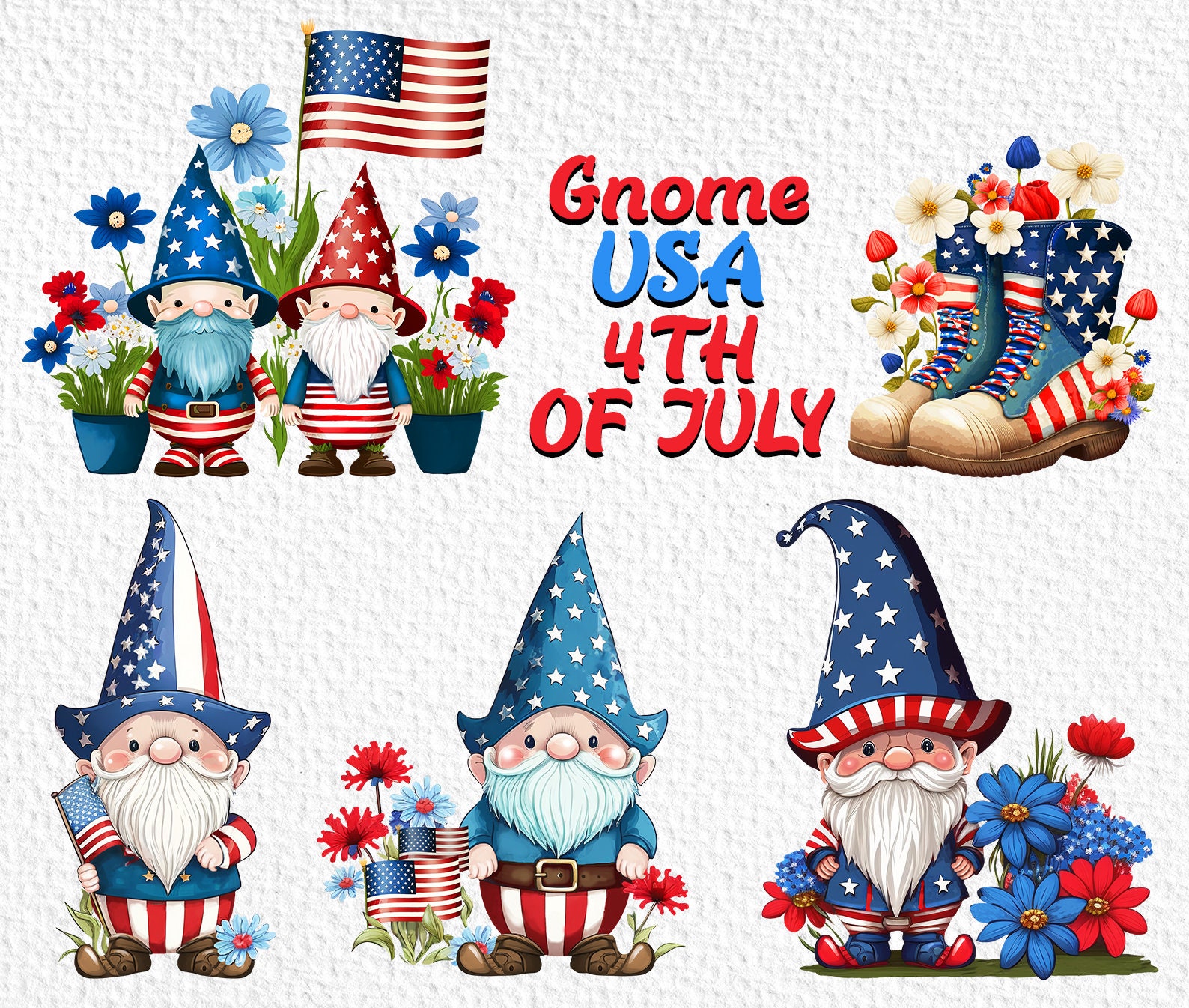 Cute Patriotic Gnomes Clipart, 4th July, American Flag Red White Blue ...