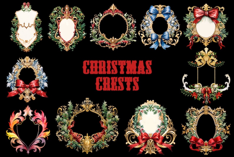Watercolor Christmas Crest Clipart: Holiday Frame Illustrations (PNG ...