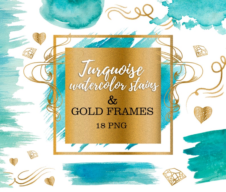 Turquoise Watercolor Stains and Gold Frames, Teal Splash, Turquoise ...