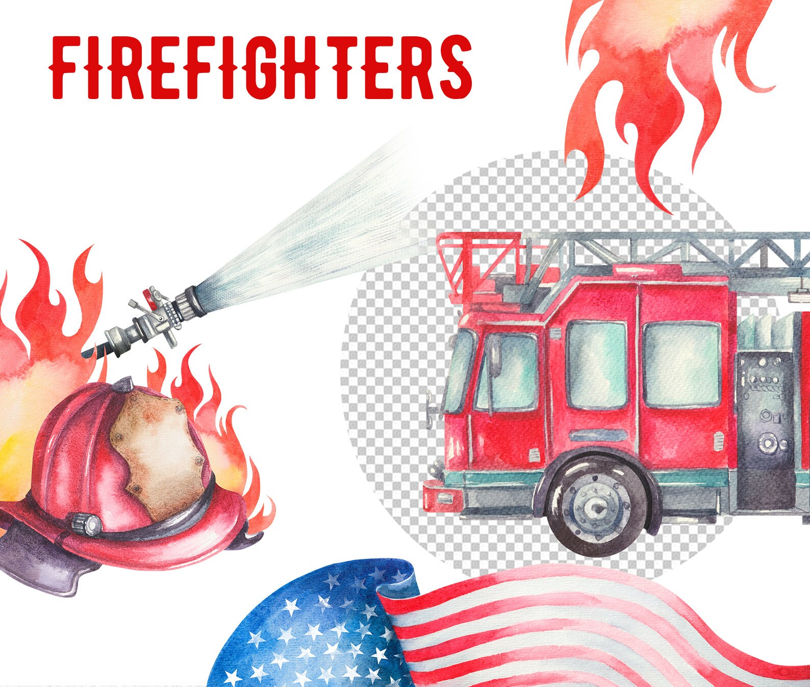 Fire Truck Clipart, Firefighters Watercolor Clipart, Red Fire Truck ...