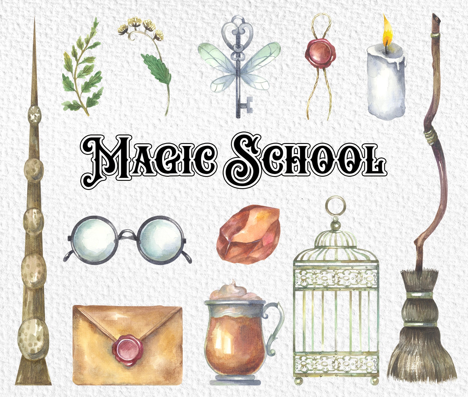 Magic School Watercolor Clipart, Magical Wizard Birthday Party ...