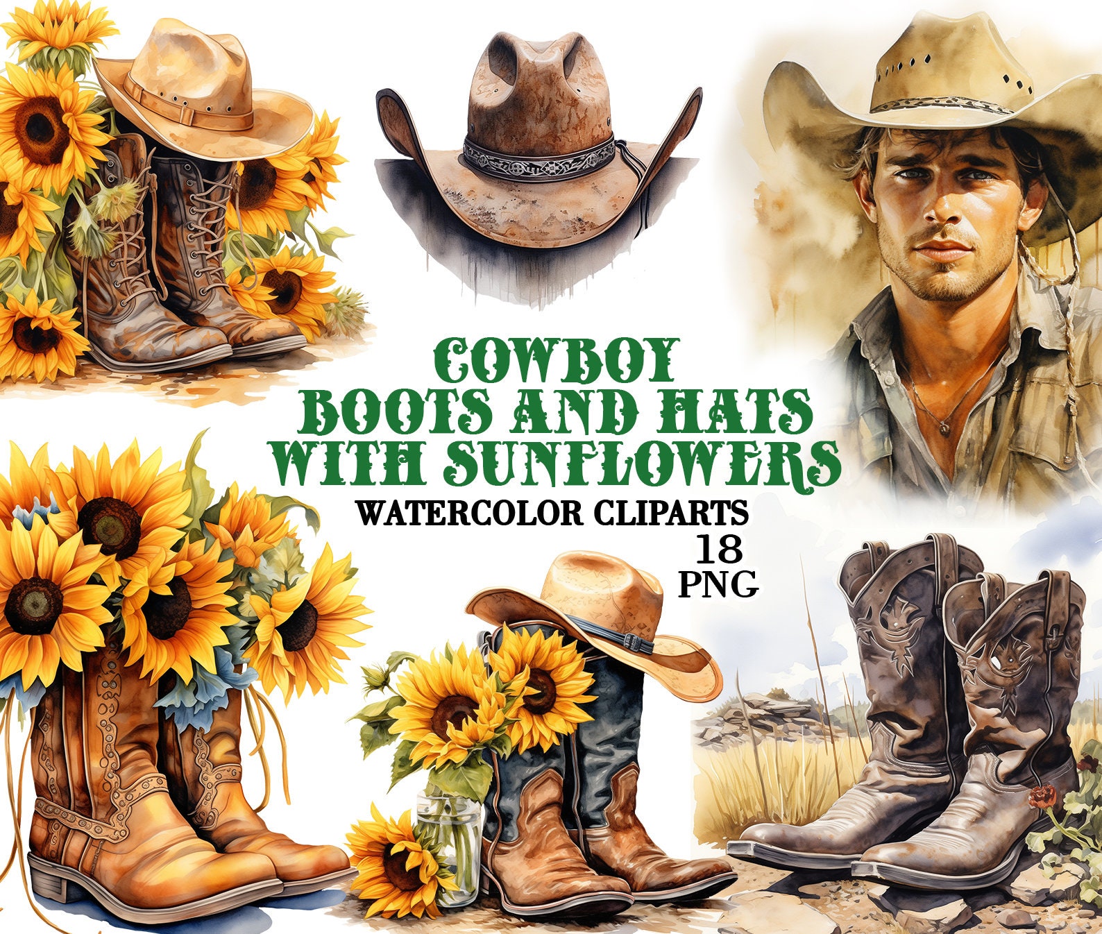 Cowboy Boots and Hats With Sunflowers Png Watercolor Clipart, Western ...