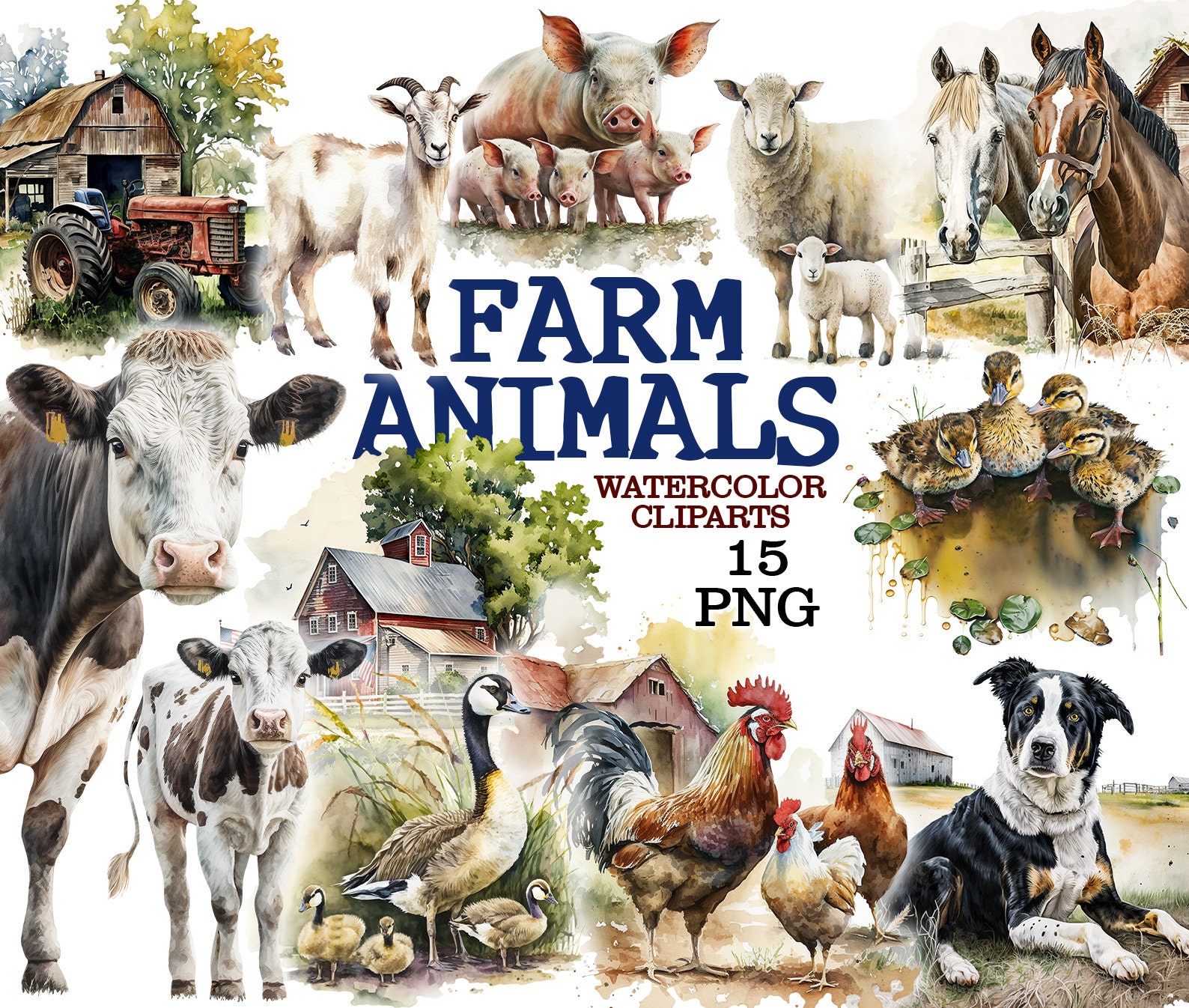 Watercolor Farm Animals Clipart: Rustic Country PNG (digital Download ...