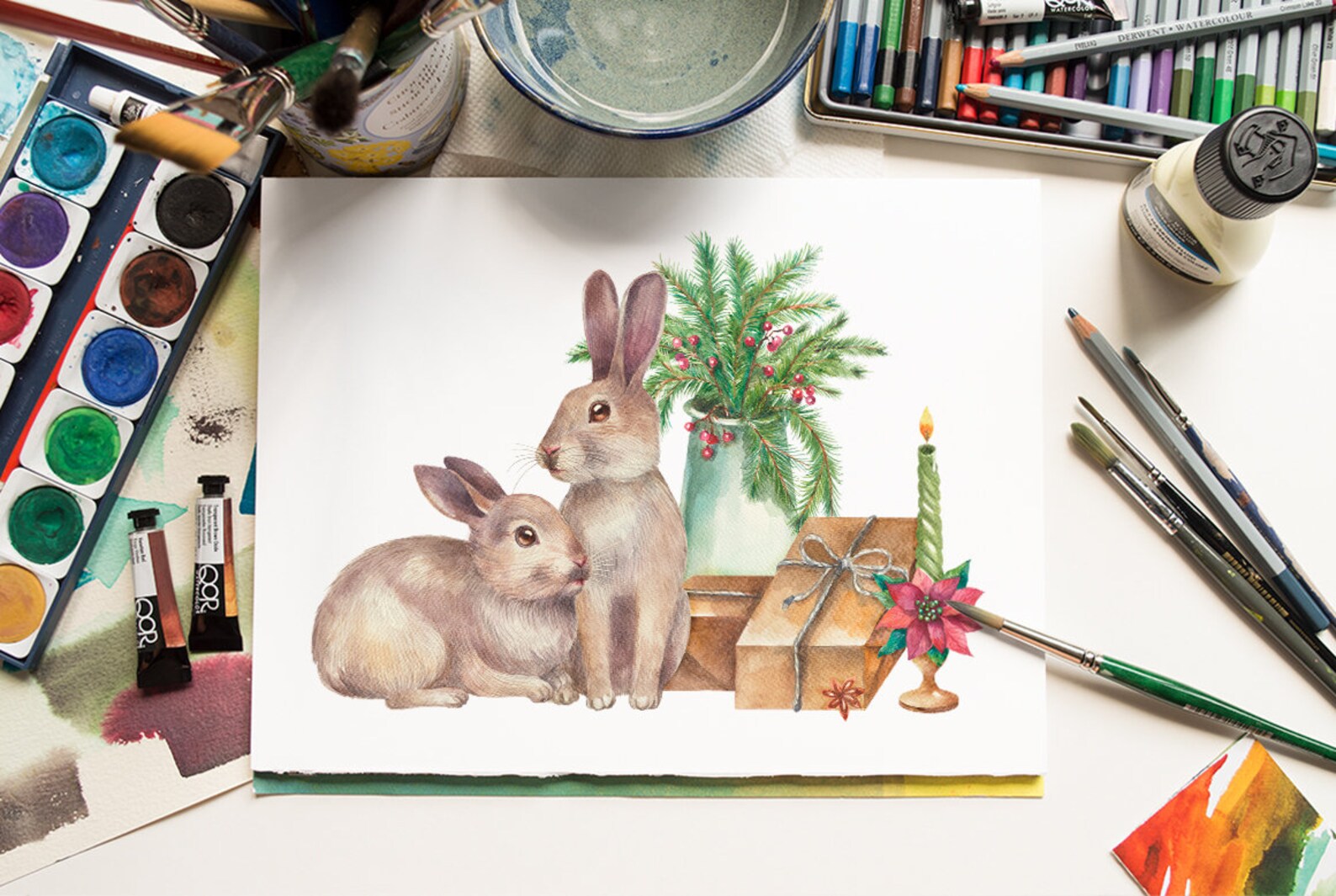 New Year Animals Clipart, Christmas Rabbit Clipart, Bunny Png, Retro ...